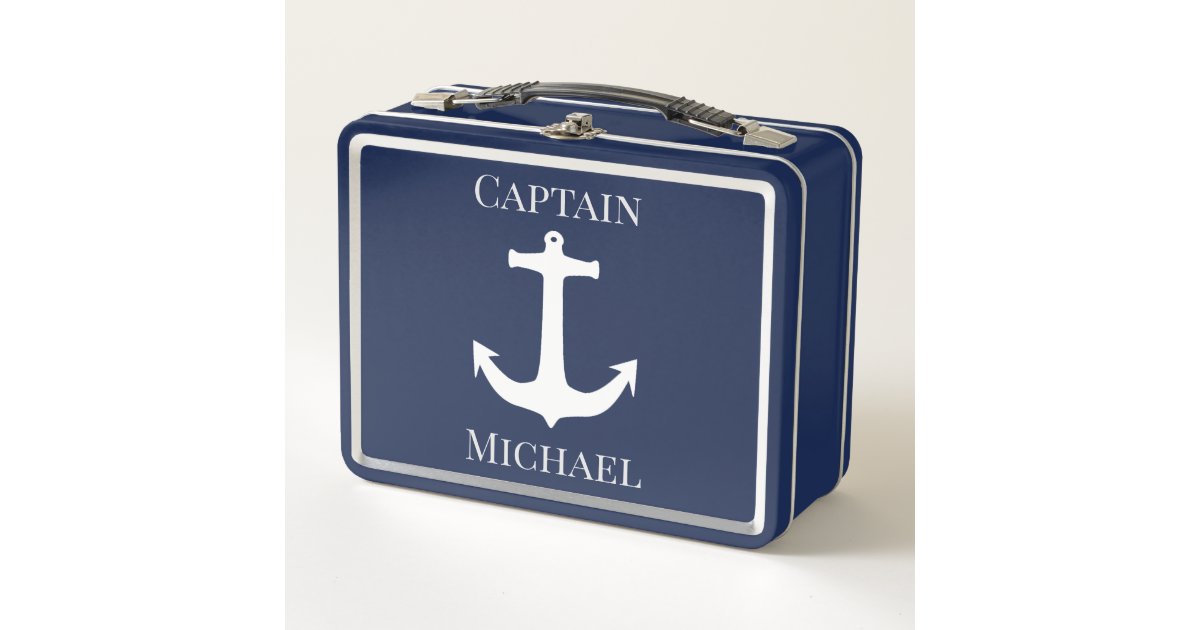 Custom Captain Name Nautical Navy Anchor Metal Lunch Box | Zazzle