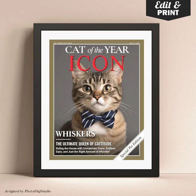 Custom Cat Magazine Cover Template Pet Portrait Poster | Zazzle