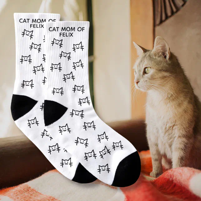 Custom Cat Mom with Cat's Name Cute Hand Drawn Cat Socks | Zazzle