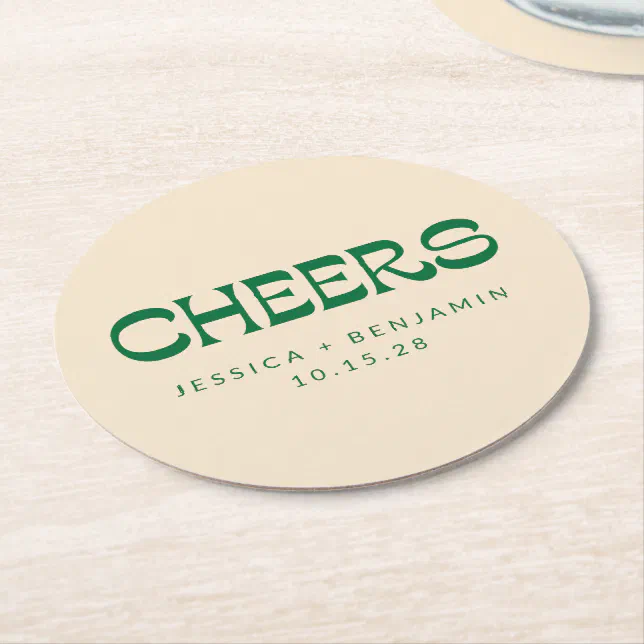 Custom Cheers Green Art Deco Chic Modern Wedding Round Paper Coaster ...