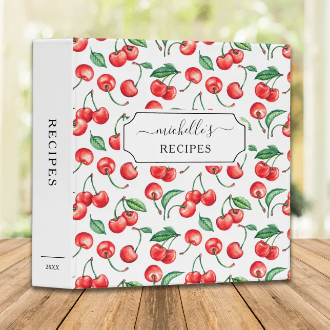 Custom Cherry Pattern Recipe Hand Lettering 3 Ring Binder | Zazzle