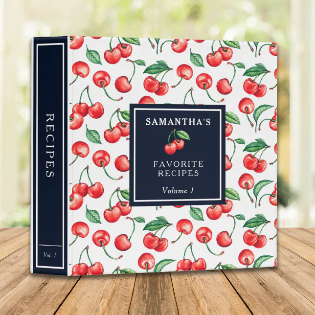 Custom Cherry Watercolor Pattern Recipe 3 Ring Binder | Zazzle