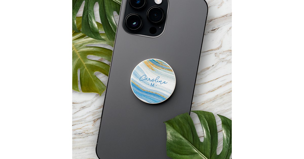Custom Chic Gold Glitter Azure Cobalt Blue Marble PopSocket | Zazzle