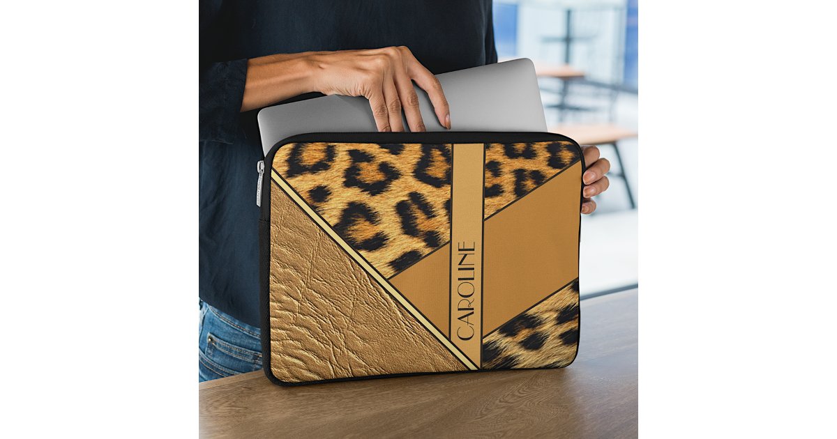 Custom Chic Leather And Leopard Skin Pattern Laptop Sleeve | Zazzle