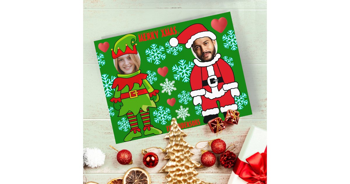 Custom Christmas face cut out Elf & Santa Claus Postcard | Zazzle