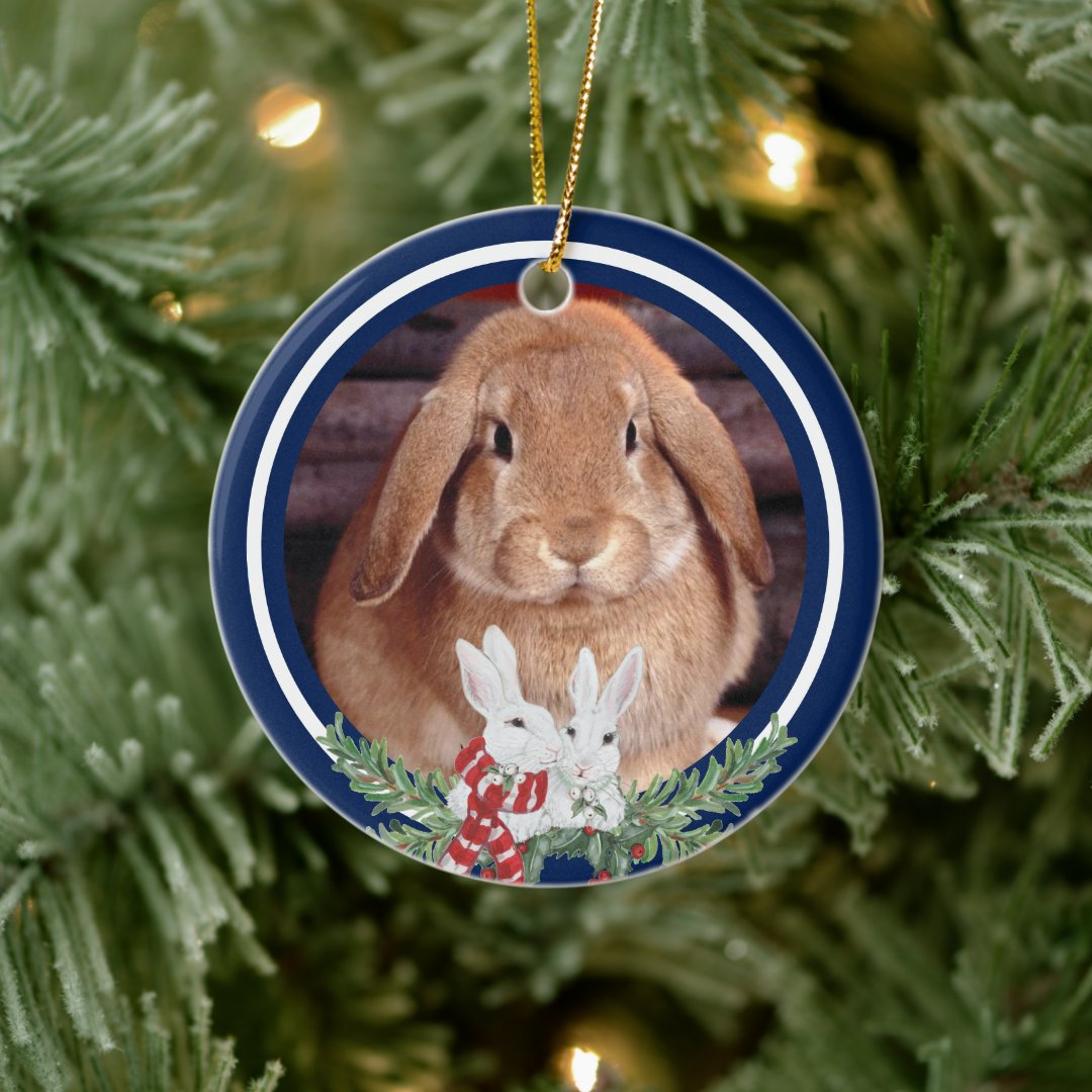 Custom Christmas Pet Bunny Rabbit Photo Year Name Ceramic Ornament | Zazzle