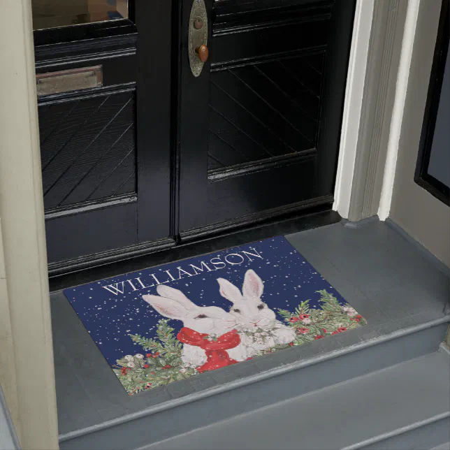 Custom Christmas Rabbit Bunny Snow Winter Welcome Doormat | Zazzle