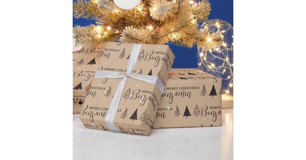 Custom Christmas Tree Kraft Name Repeating Jumbo Wrapping Paper | Zazzle