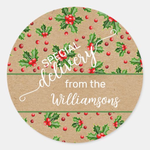 Custom Classic Holiday Green Holly Red Berries Classic Round Sticker ...