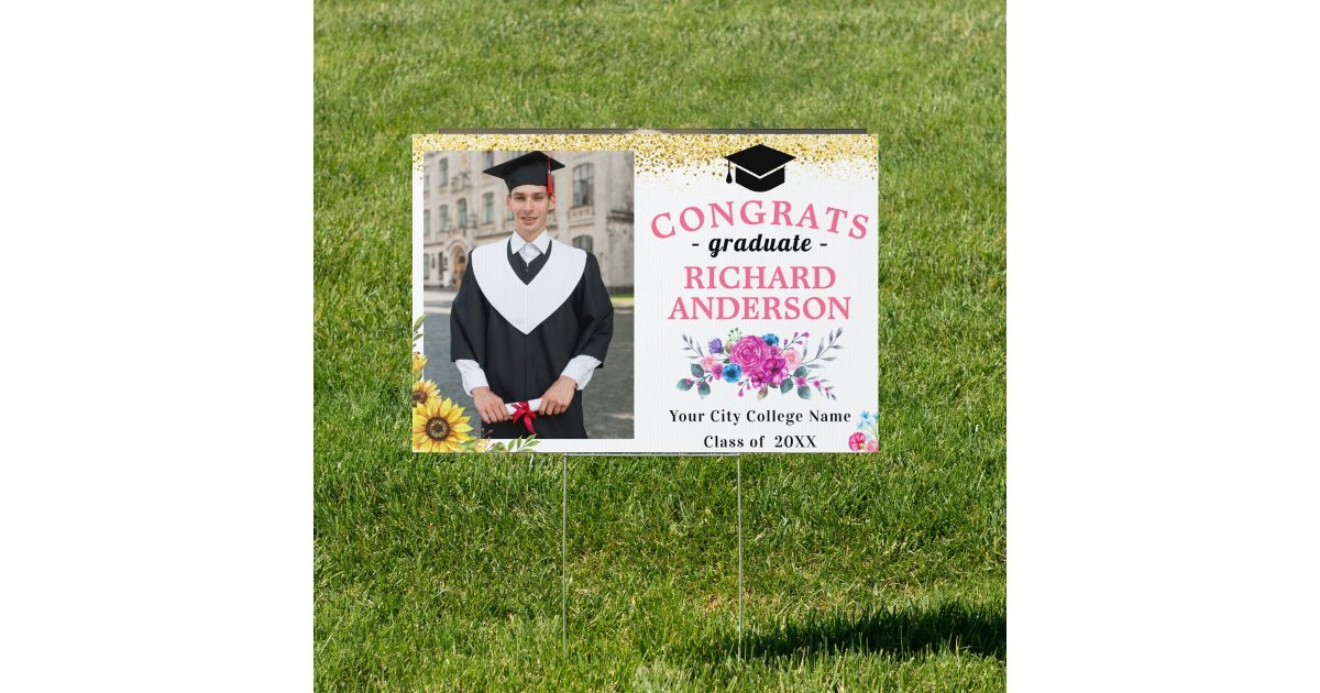 Custom Classy Blush Pink Floral Graduation Photo Sign | Zazzle