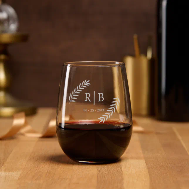 Custom Classy Calligraphy Couple Initials Engraved Stemless Wine Glass ...