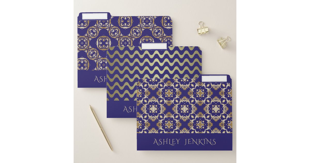 Custom Classy Royal Blue And Gold Damask Geometric File Folder | Zazzle