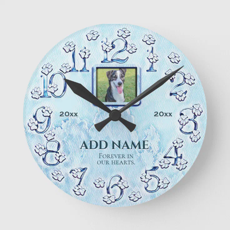 Custom Clouds and Paws Dog Blue Photo Memorial Round Clock | Zazzle
