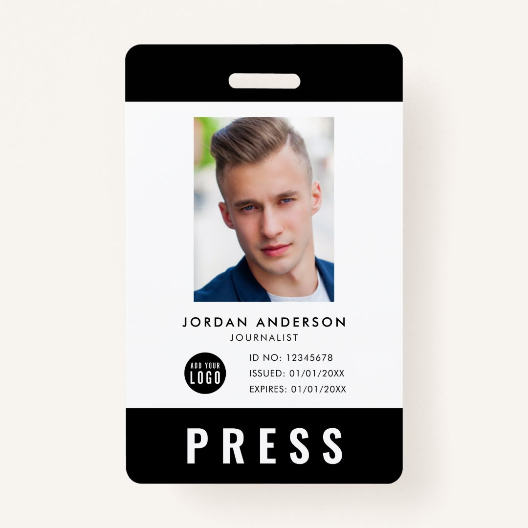 Custom Color Add Logo Photo Journalist Press Pass Badge | Zazzle