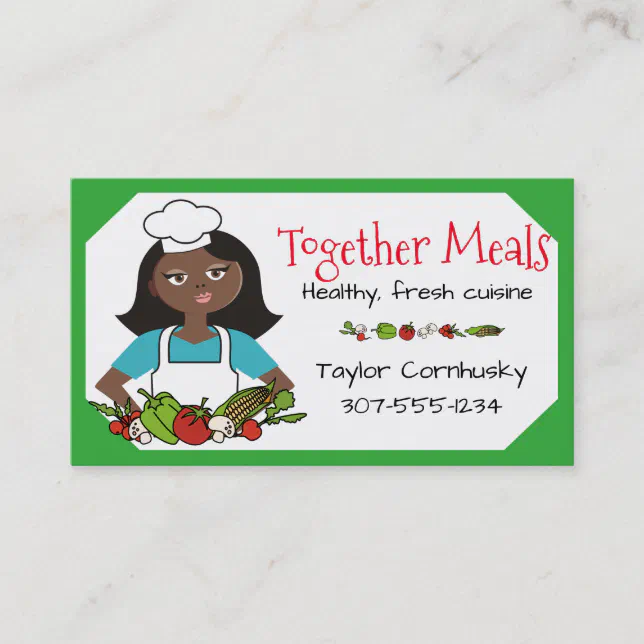 Custom color African American woman chef vegetable Business Card | Zazzle