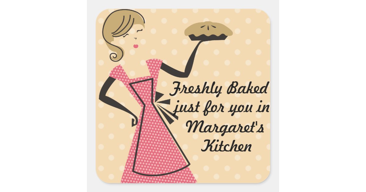 custom color bakery retro baking pie girl square sticker | Zazzle