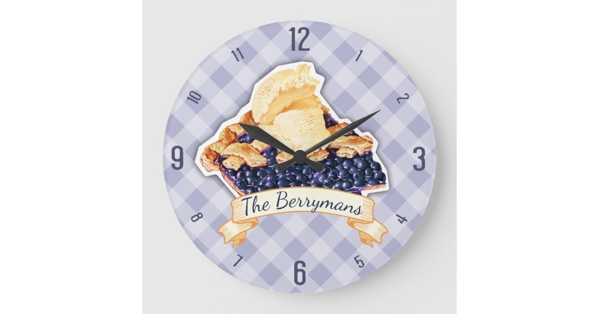 Custom color blueberry pie a la mode kitchen clock | Zazzle