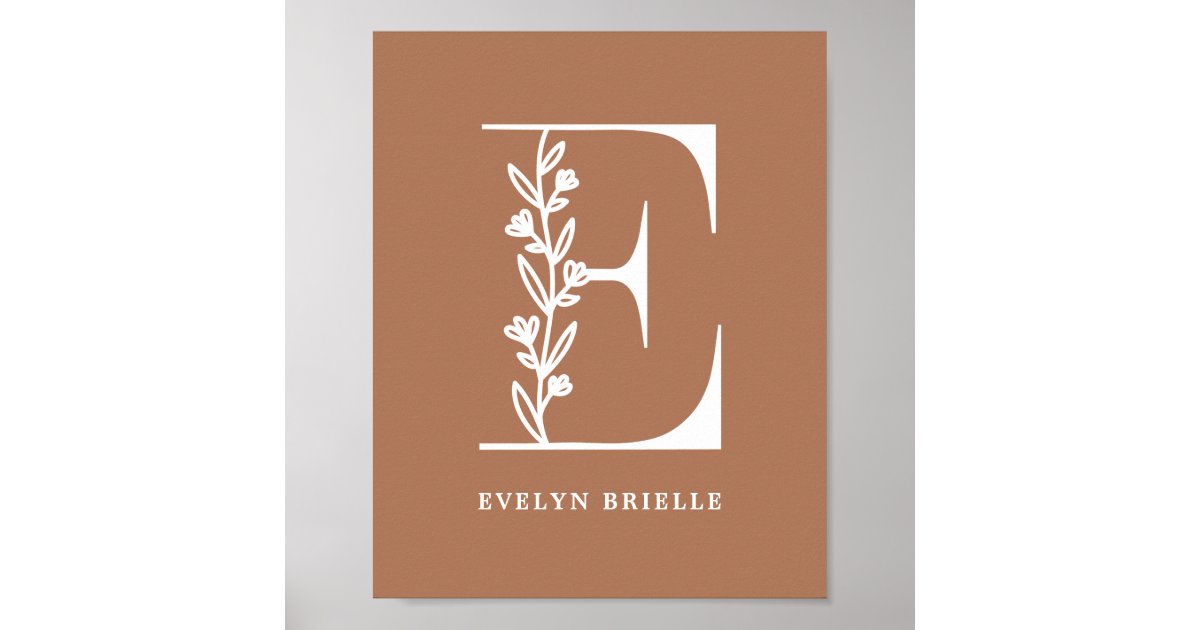 Custom Color Floral Monogram Letter E Name Nursery Poster | Zazzle