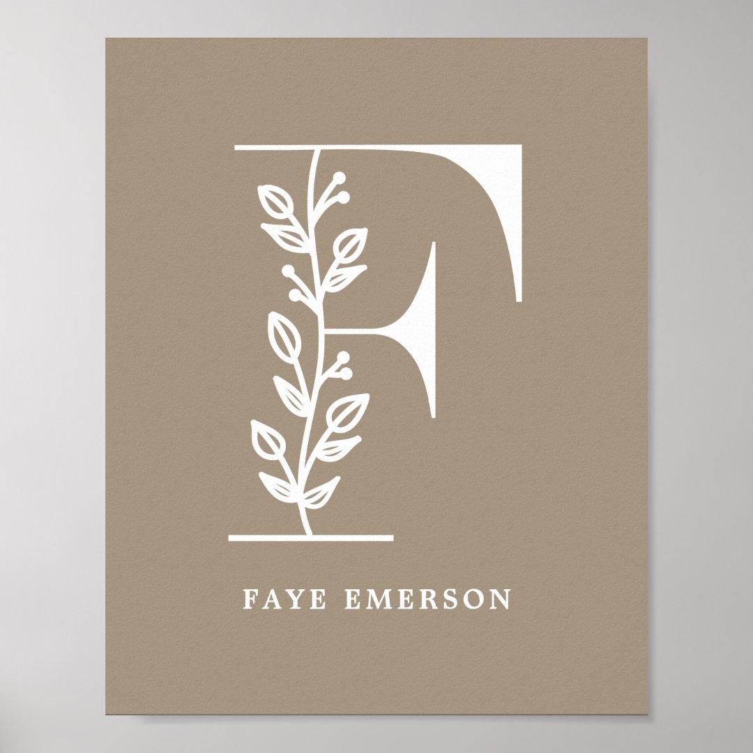 Custom Color Floral Monogram Letter F Name Nursery Poster | Zazzle