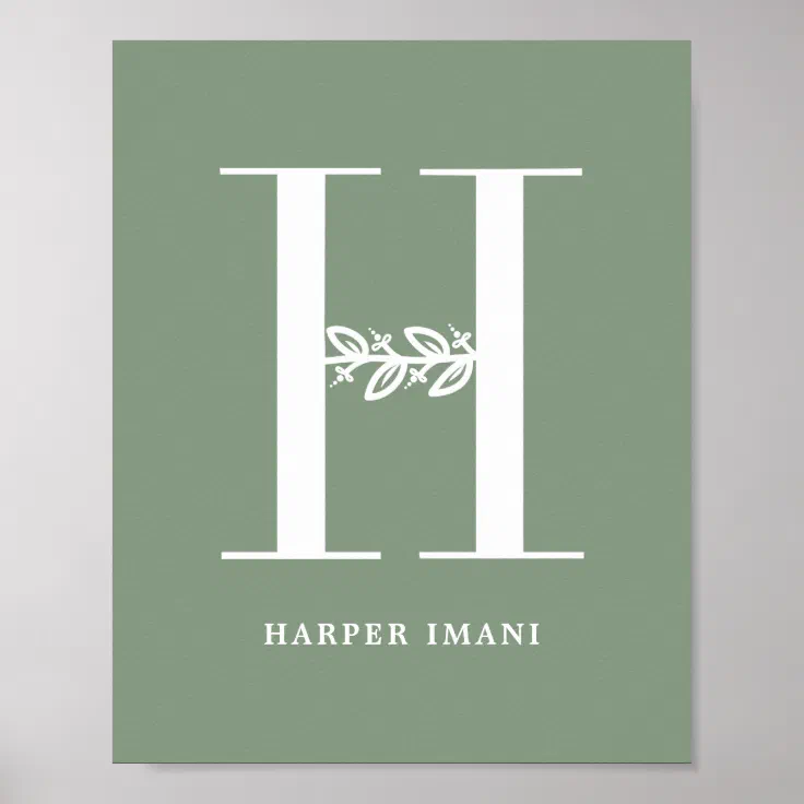 Custom Color Floral Monogram Letter H Name Nursery Poster | Zazzle