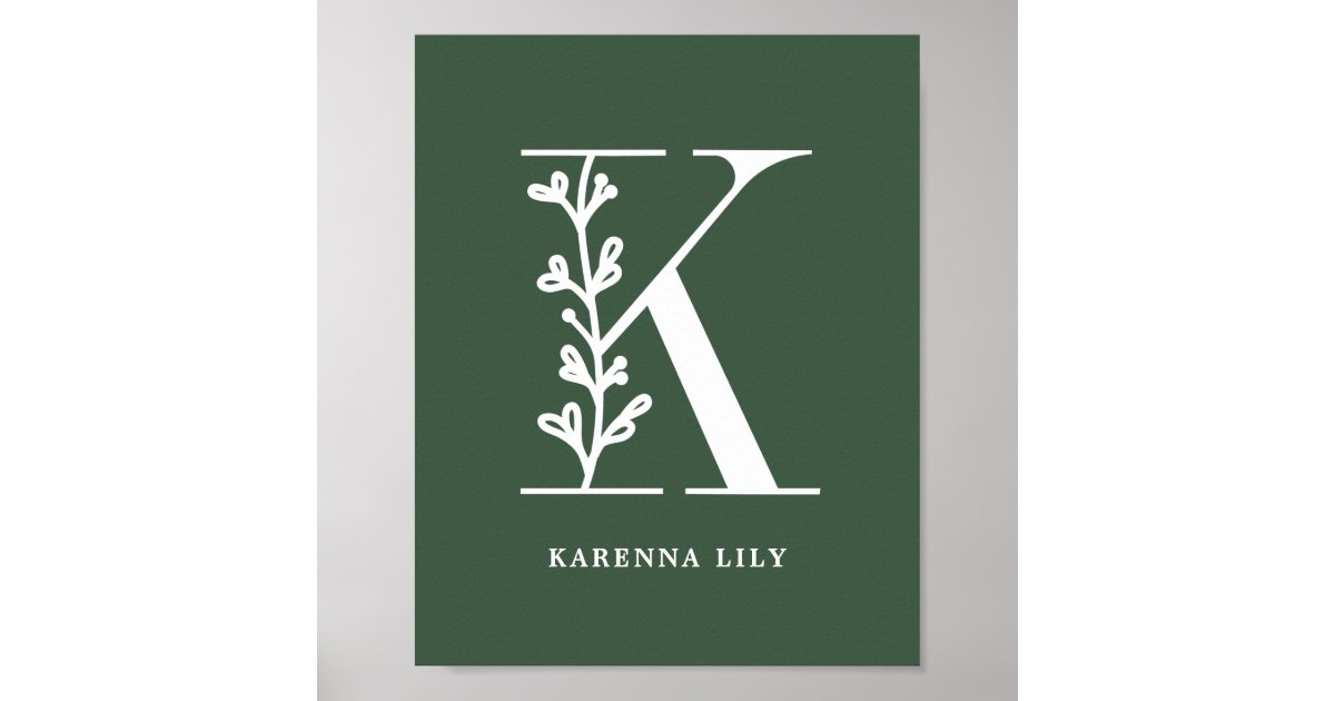 Custom Color Floral Monogram Letter K Name Nursery Poster | Zazzle