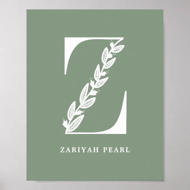 Custom Color Floral Monogram Letter Z Name Nursery Poster | Zazzle