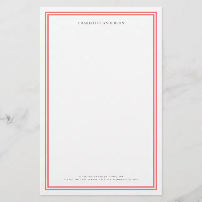 Custom Color Modern Classic Borders Personalized Stationery | Zazzle