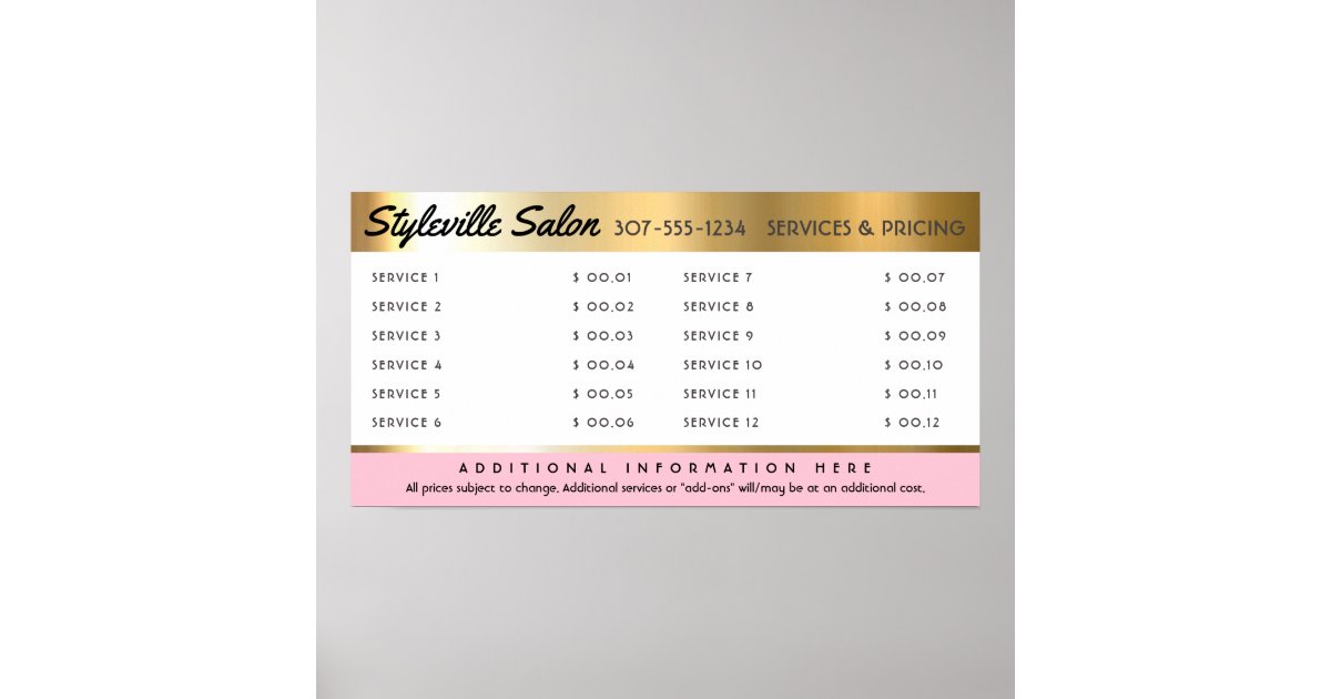 Custom color stylist salon service price display poster | Zazzle