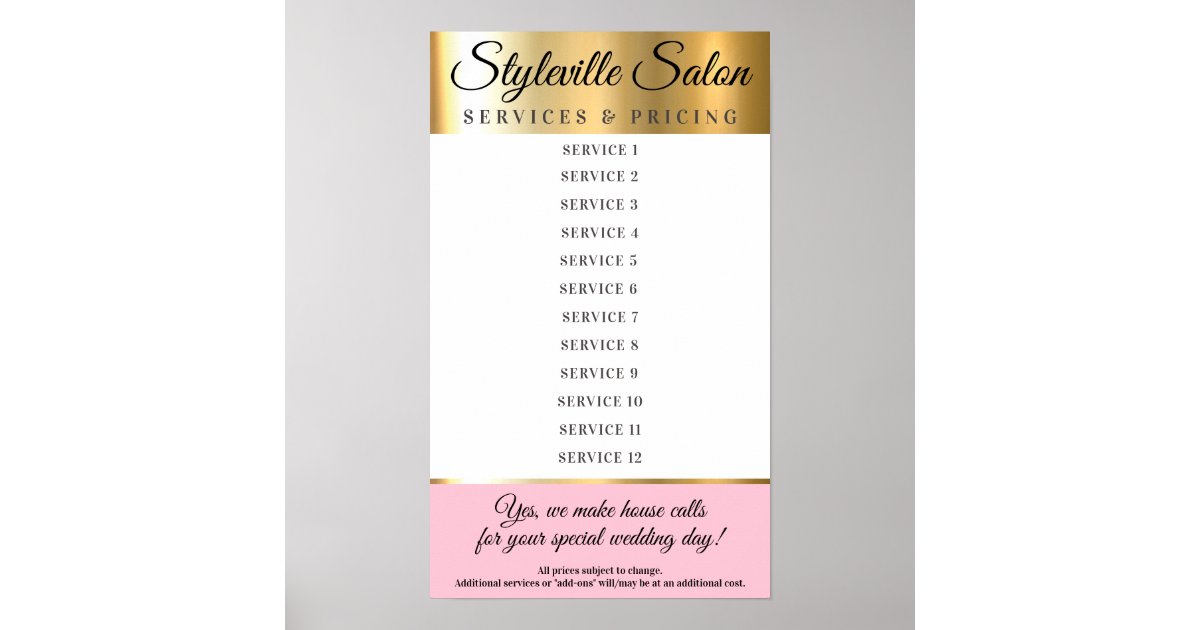 Custom color stylist salon services price display poster | Zazzle