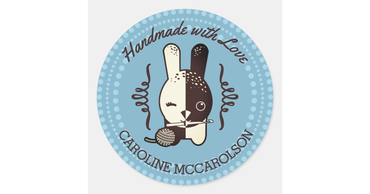 Custom color wink bunny crochet hook ball of yarn classic round sticker ...
