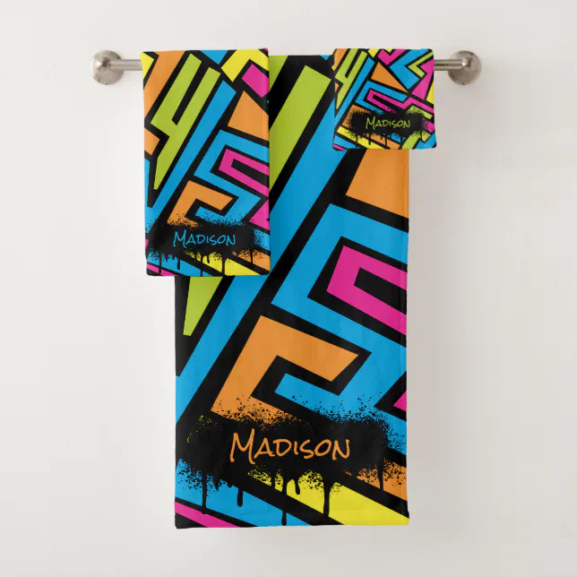 Custom Colorful Neon Graffiti Street Art Pattern Bath Towel Set | Zazzle