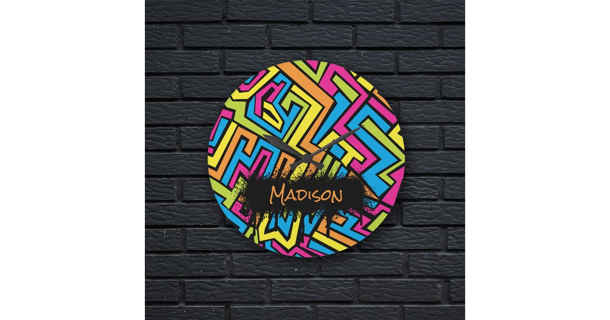 Custom Colorful Neon Graffiti Street Art Pattern Large Clock | Zazzle