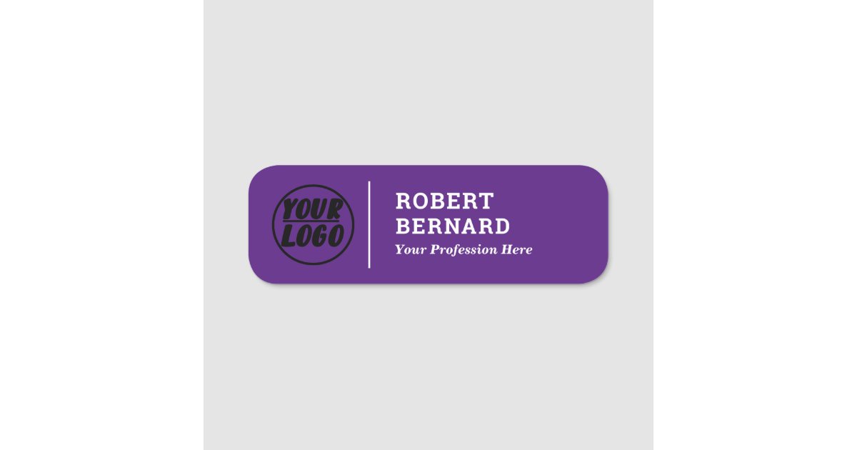 custom company business logo & title Modern purple Name Tag | Zazzle