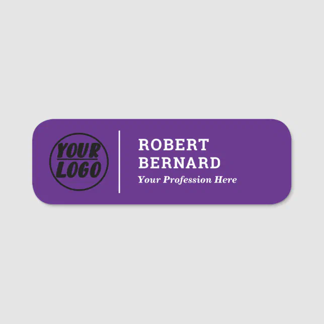 custom company business logo & title Modern purple Name Tag | Zazzle