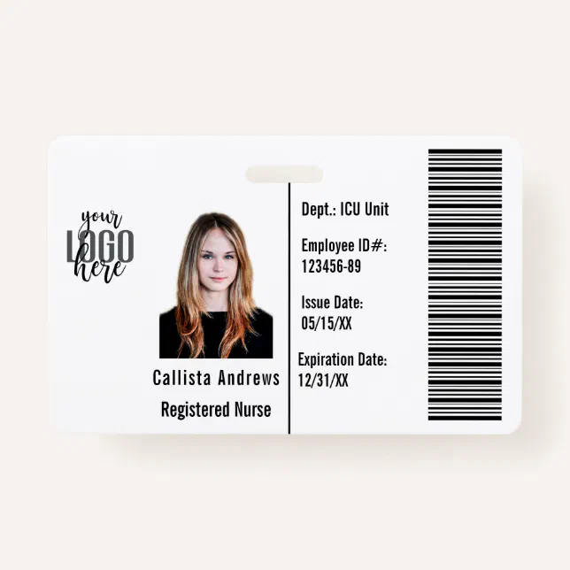 Custom Company Employee Photo Name Barcode Logo ID Badge | Zazzle