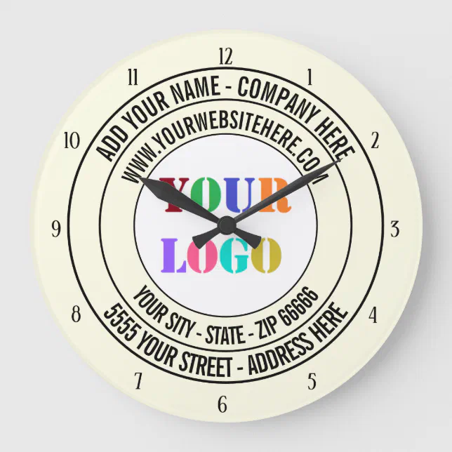 Custom Company Logo and Text Round Clock Template | Zazzle