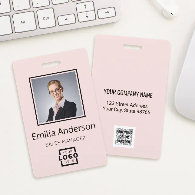 Custom Company Logo Bar Code Employee Photo Pink Badge | Zazzle