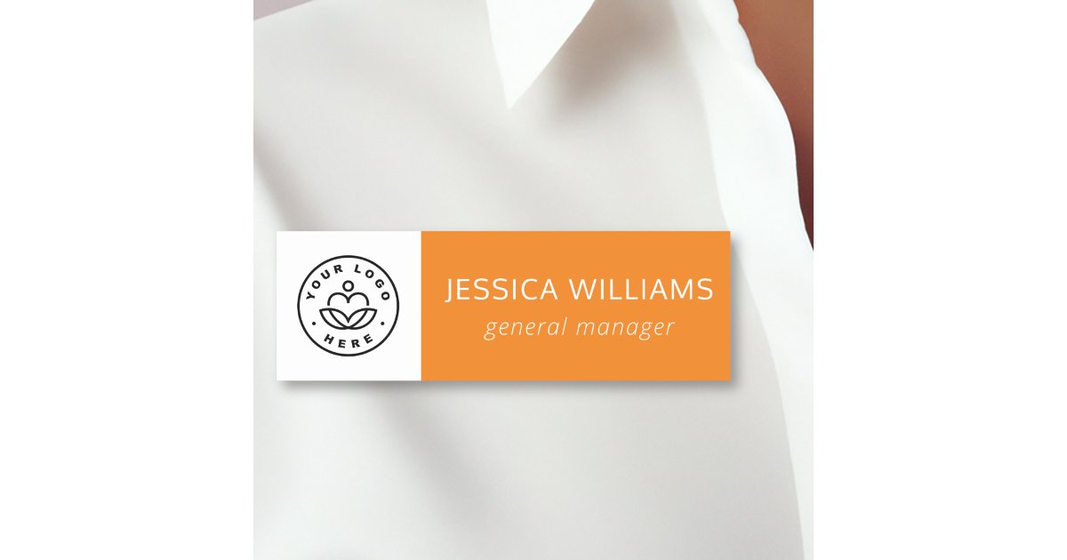 Custom Company Logo Orange Employee Name Tag | Zazzle