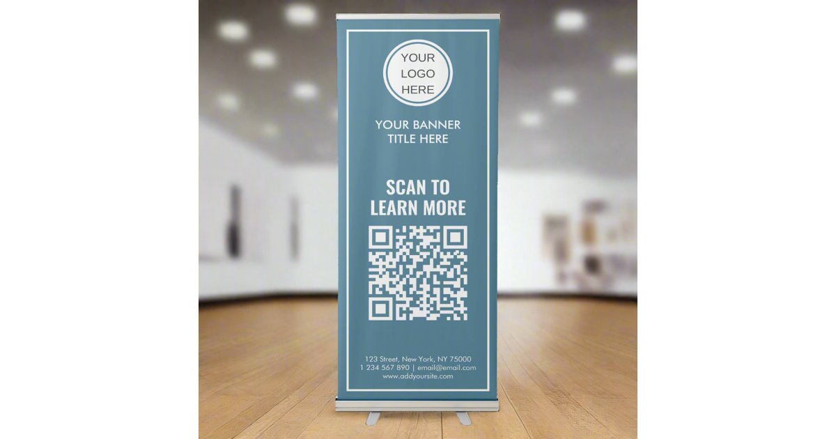 Custom Company Logo QR Code Professional Blue Retractable Banner | Zazzle