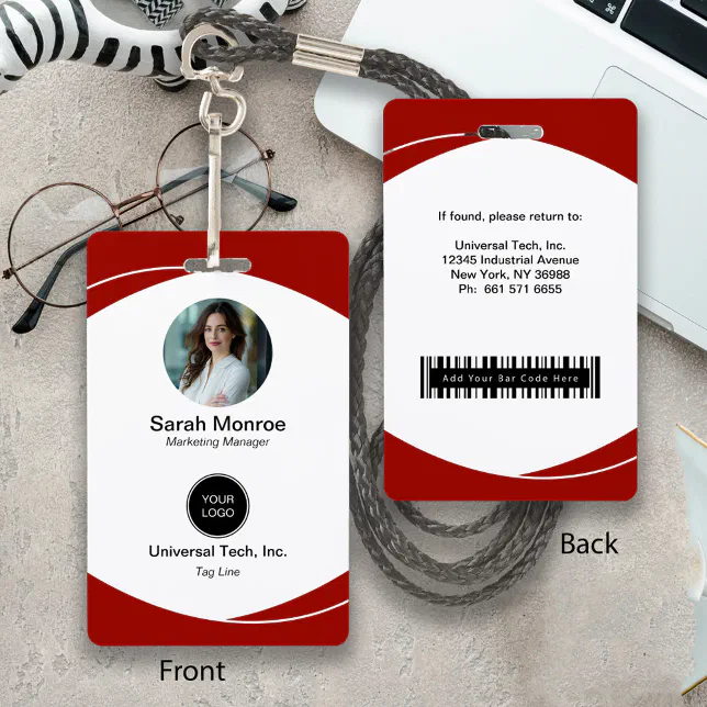 Custom Company Photo Logo Bar Code Security ID Red Badge | Zazzle