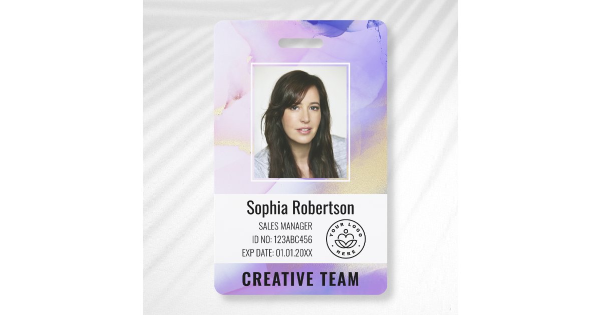Custom Company Watercolor Purple Employee ID Badge | Zazzle