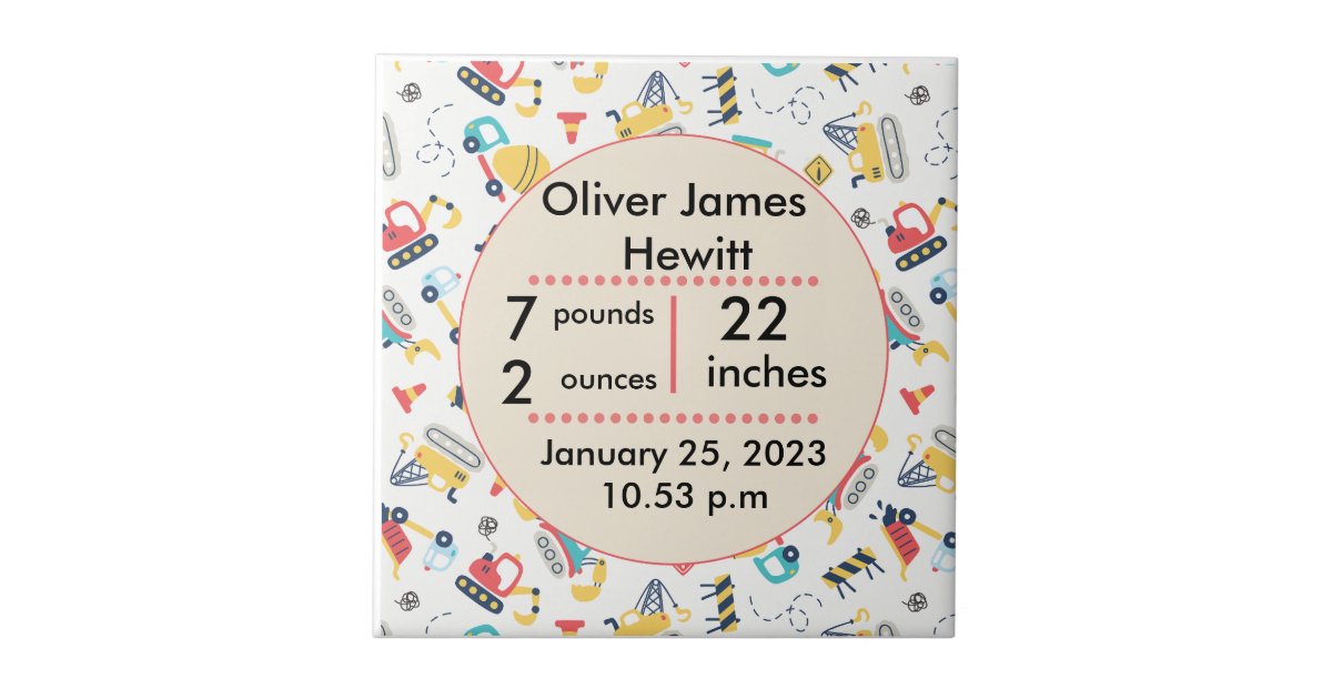 Custom construction birth stats ceramic tile | Zazzle
