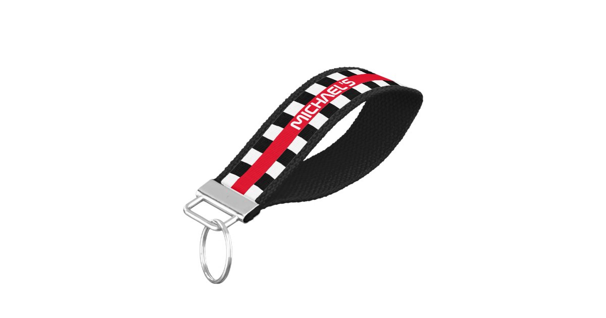 Custom Cool Black And White Checkered Flag Pattern Wrist Keychain | Zazzle