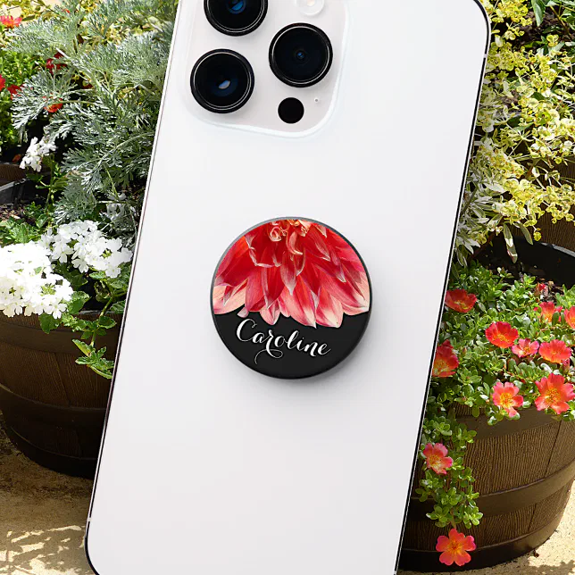 Custom Coral Blush Pink Red Dahlia Flower Photo PopSocket | Zazzle