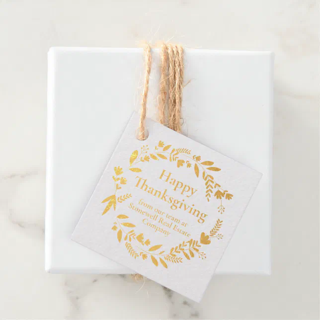 Custom Corporate Happy Thanksgiving Beautiful Gold Foil Favor Tags | Zazzle