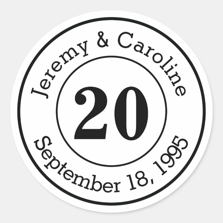 Custom Couple 20th Wedding Anniversary Modern Classic Round Sticker ...