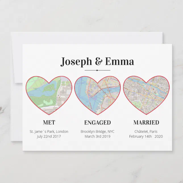 Custom Couple Milestones Map Location Hearts Holiday Card | Zazzle
