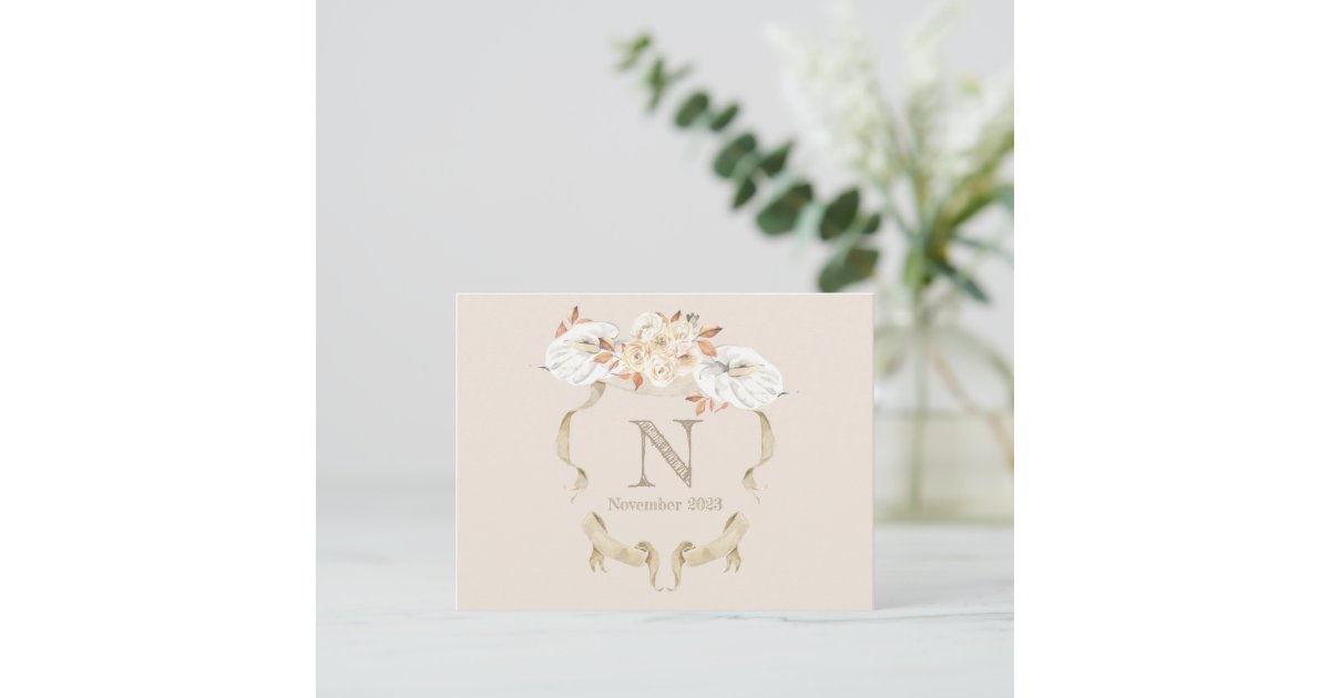 Custom Cream Rose Monogram Crest Funeral Postcard | Zazzle