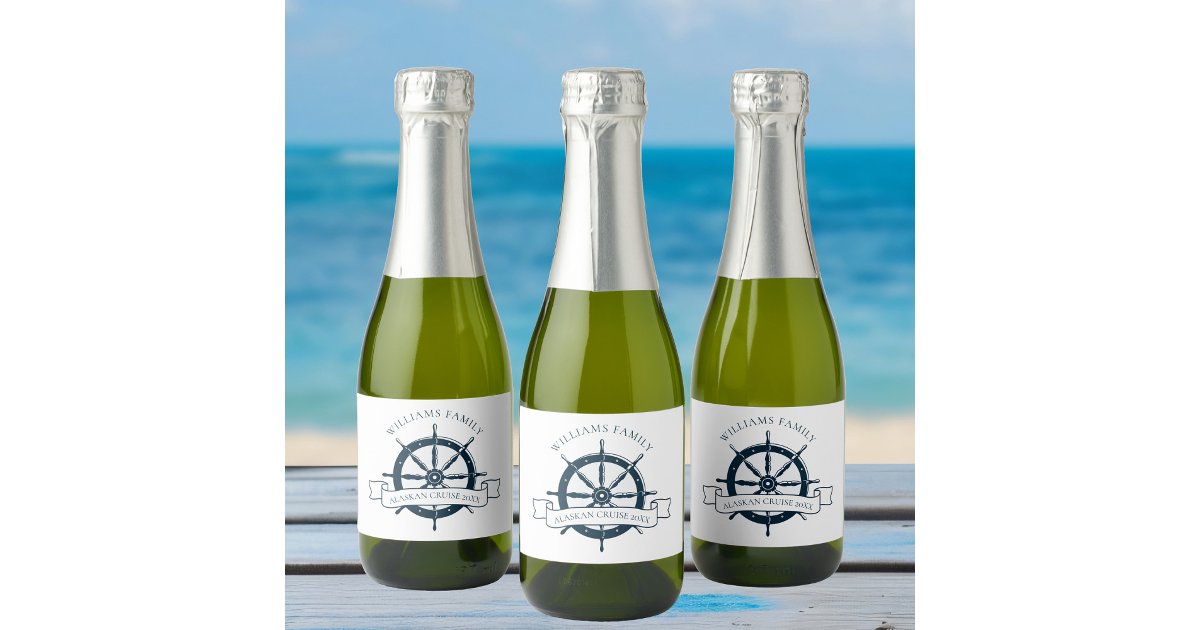 Custom Cruise Ship Navy Blue Nautical Party Mini Sparkling Wine Label ...