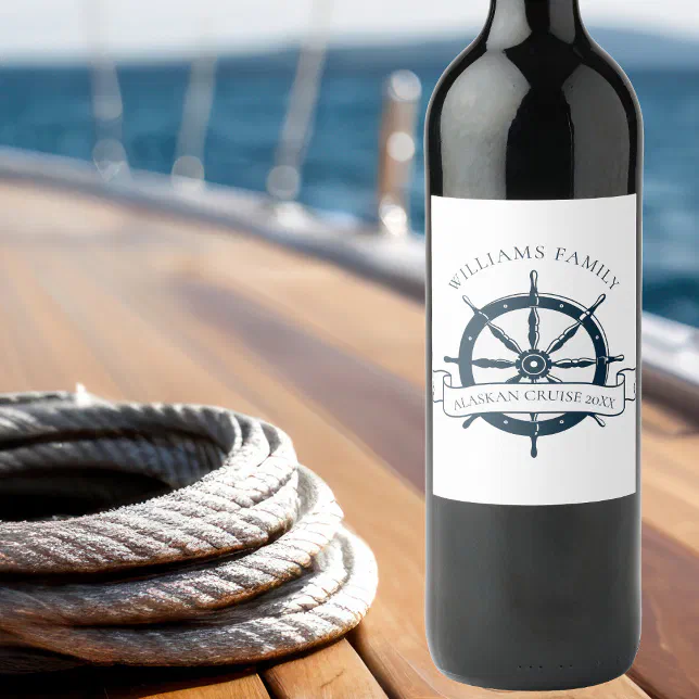 Custom Cruise Ship Vintage Navy Nautical Wheel Wine Label | Zazzle